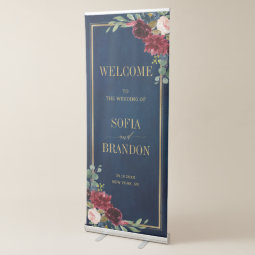 Burgundy Navy Blush Floral Gold Wedding Welcome Retractable Banner | Zazzle