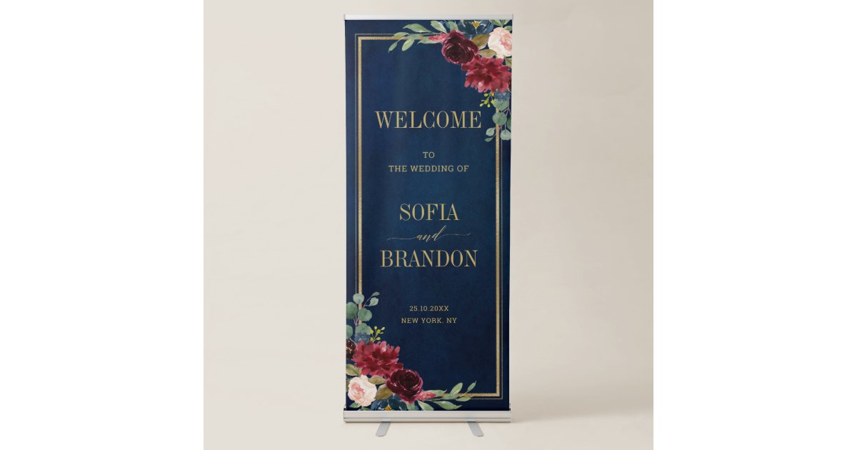 Burgundy Navy Blush Floral Gold Wedding Welcome Retractable Banner | Zazzle