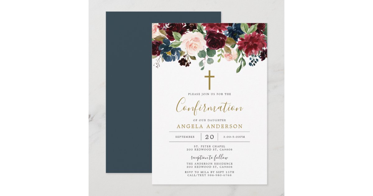 Burgundy Navy Confirmation Invitation | Zazzle