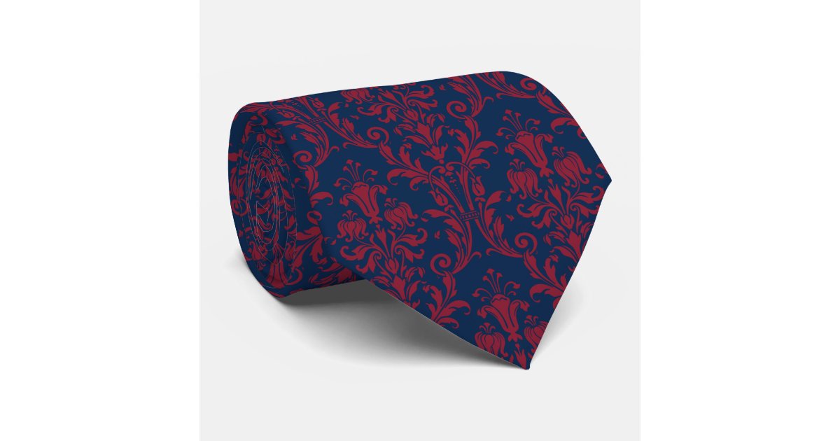Burgundy Navy Floral Damask Wedding Neck Tie | Zazzle