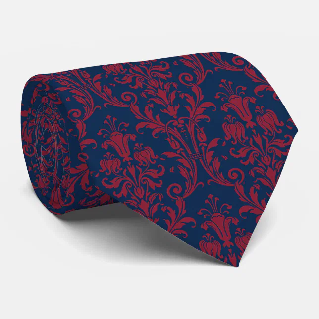 Burgundy Navy Floral Damask Wedding Neck Tie | Zazzle