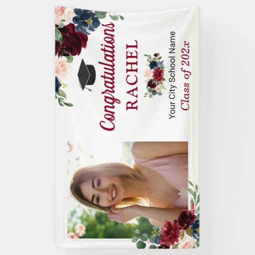 Burgundy Navy Floral Graduate Graduation Party Banner | Zazzle