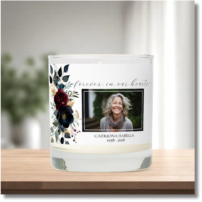 Burgundy Navy Floral Photo Memorial Funeral Scented Candle | Zazzle