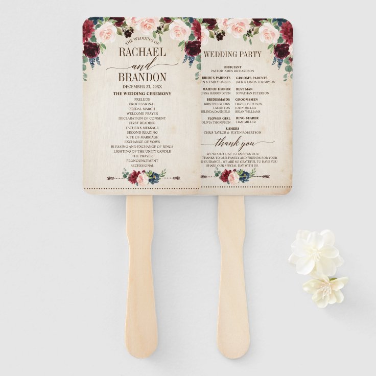 Burgundy Navy Floral Rustic Boho Country Wedding Hand Fan | Zazzle