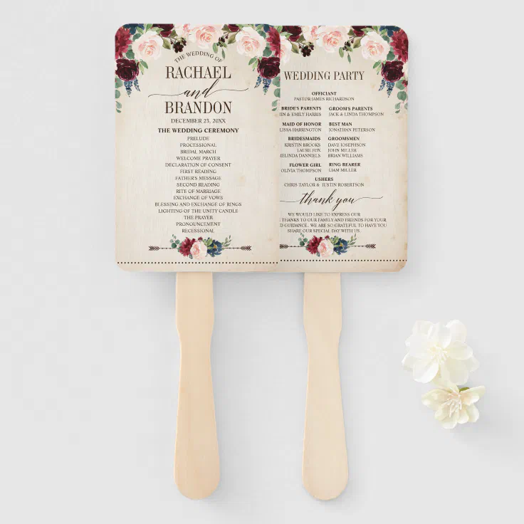 Burgundy Navy Floral Rustic Boho Country Wedding Hand Fan | Zazzle