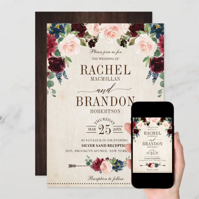 Burgundy Navy Floral Rustic Boho Country Wedding Invitation | Zazzle