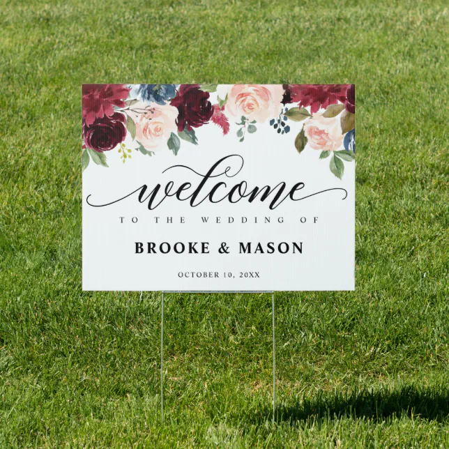 Burgundy Navy Floral Rustic Boho Wedding Welcome Sign | Zazzle