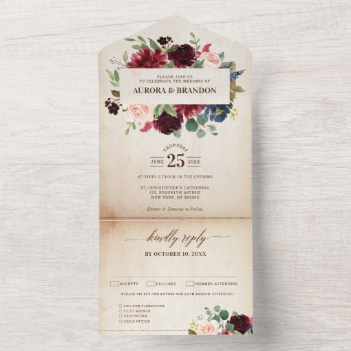 Burgundy Navy Floral Rustic Country Boho Wedding All In One Invitation ...