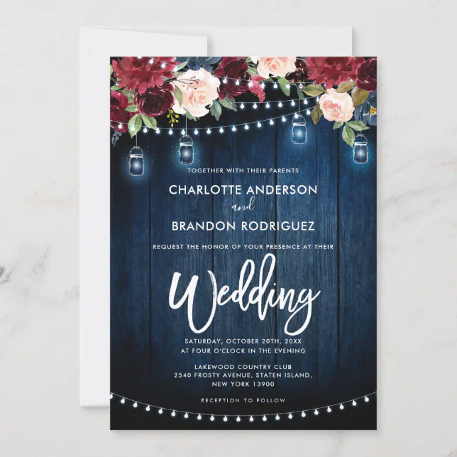 Burgundy Navy Floral Rustic String Light Wedding Invitation | Zazzle
