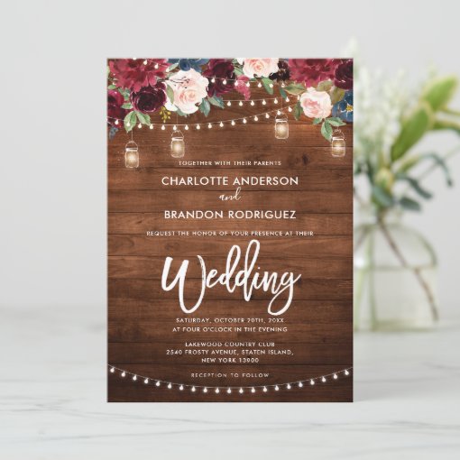 Burgundy Navy Floral Rustic String Light Wedding Invitation | Zazzle