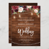 Burgundy Navy Floral Rustic String Light Wedding Invitation | Zazzle