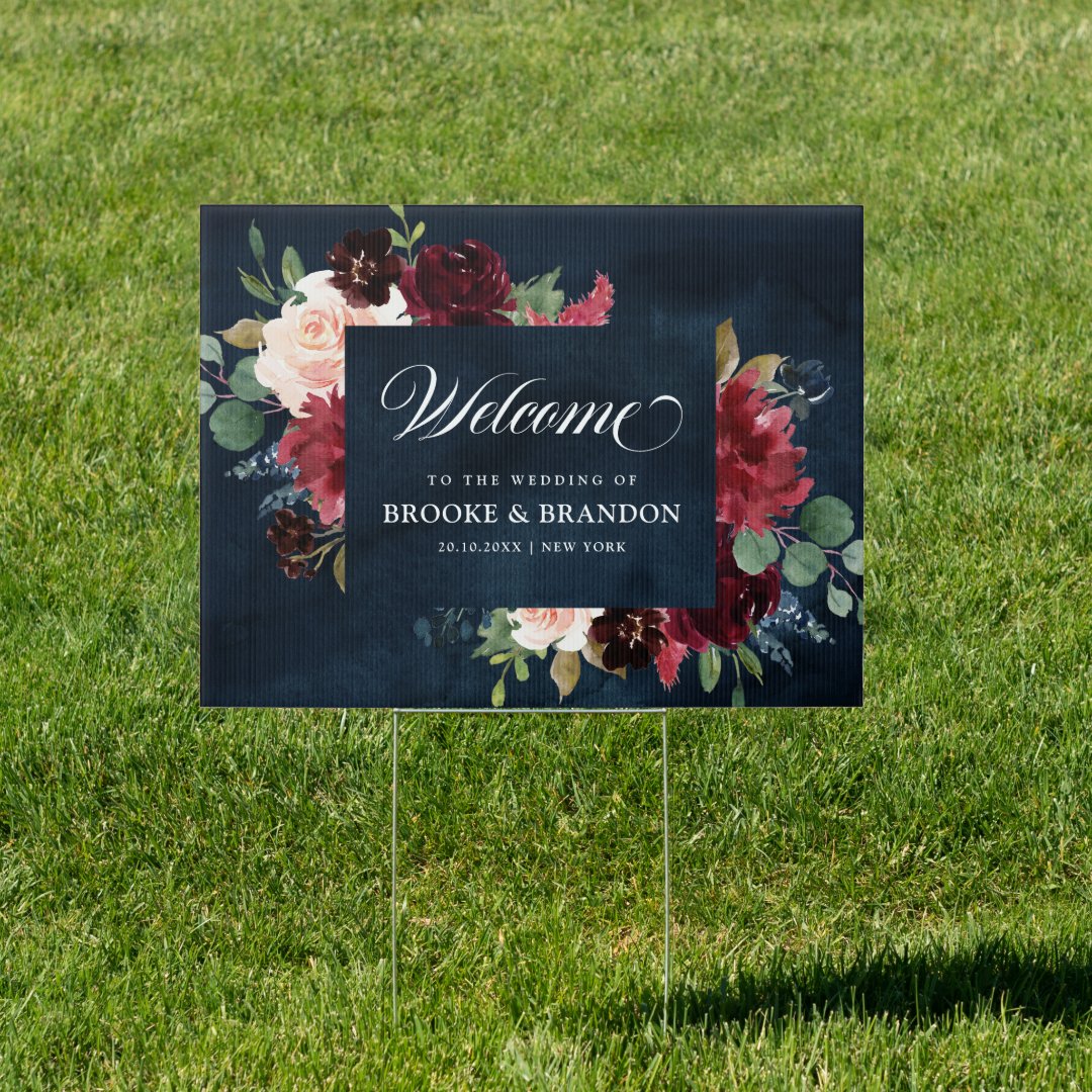 Burgundy Navy Floral Rustic Wedding Welcome Sign | Zazzle