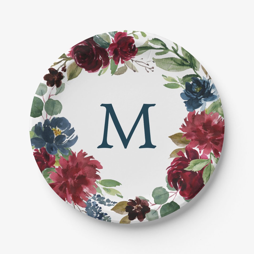 Burgundy Navy Monogram Paper Plates | Zazzle