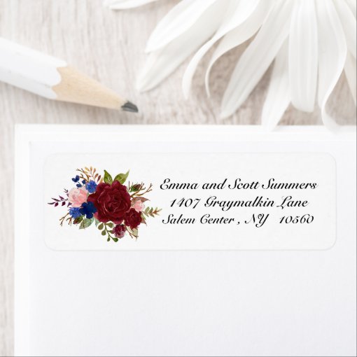 Burgundy Navy Watercolor Flower Address Label | Zazzle