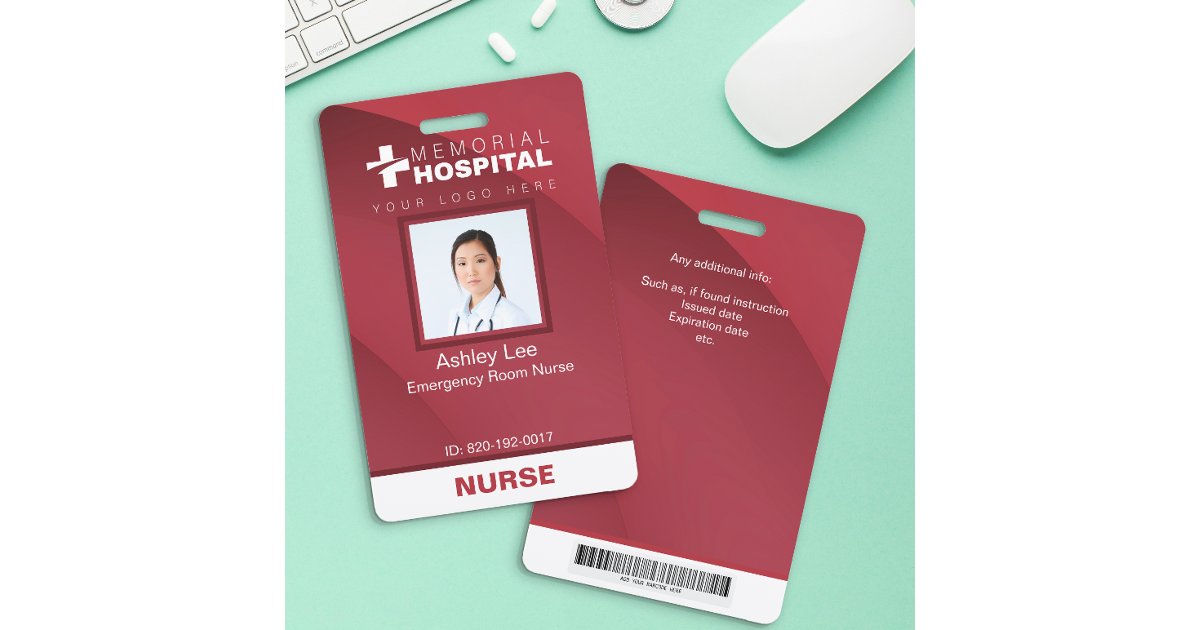 Burgundy Nurse ID Badge with Photo & Barcode | Zazzle