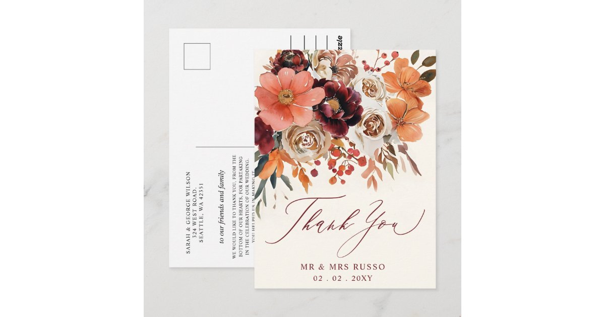 Burgundy Orange Floral Fall Wedding Thank You Postcard | Zazzle