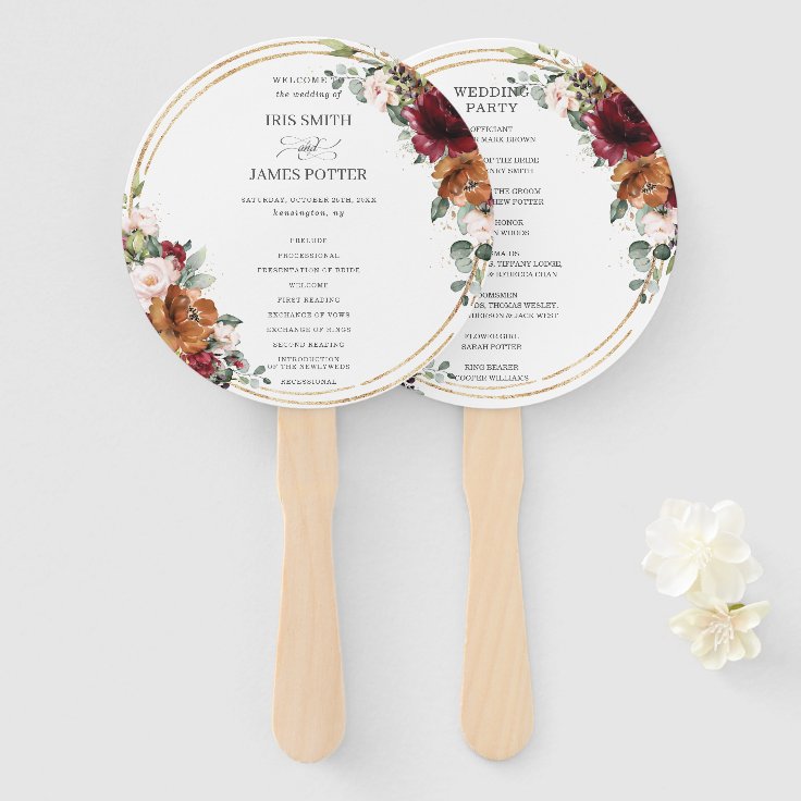 Burgundy Orange Ivory Floral Gold Wedding Program Hand Fan | Zazzle
