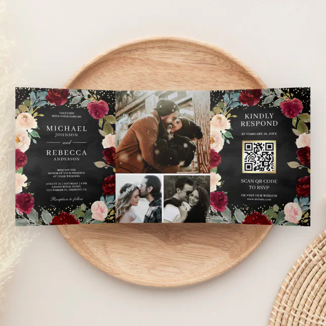 Burgundy Peach Floral QR Code Black Wedding Tri-Fold Invitation | Zazzle
