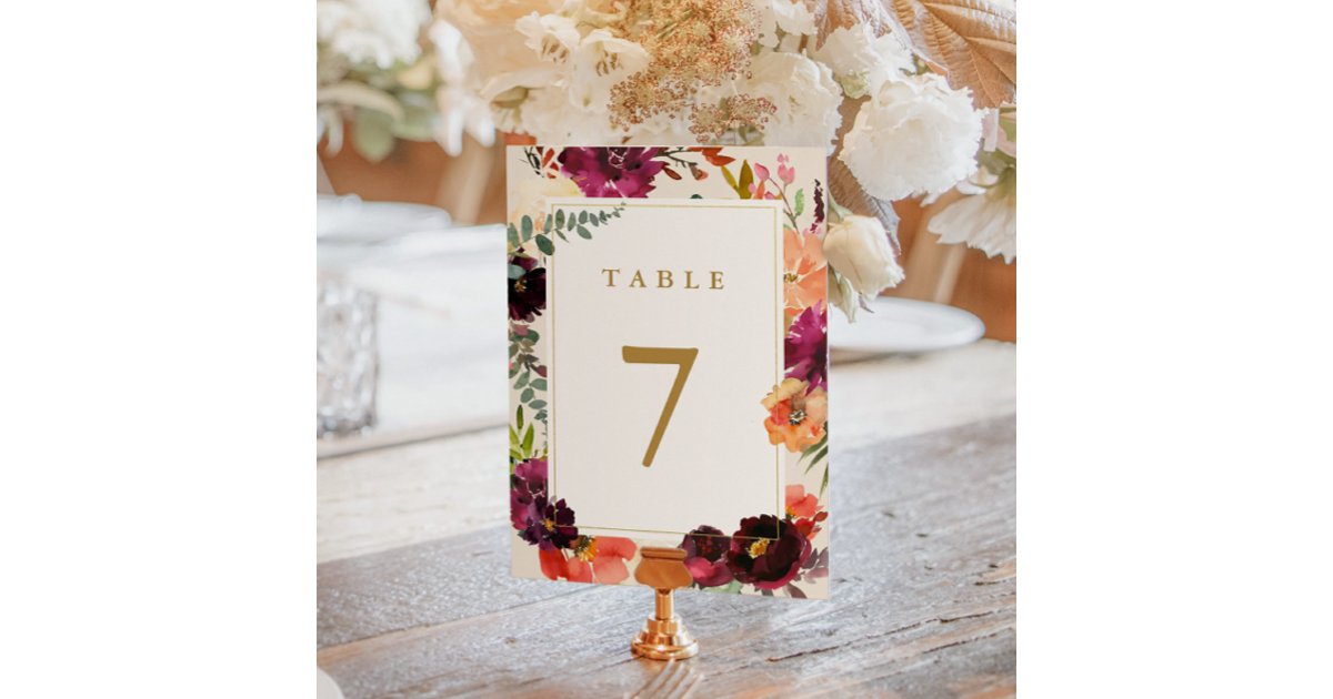 Burgundy + Peach Watercolor Floral Wedding Table Number | Zazzle