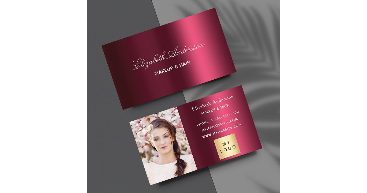Burgundy photo logo elegant business card | Zazzle