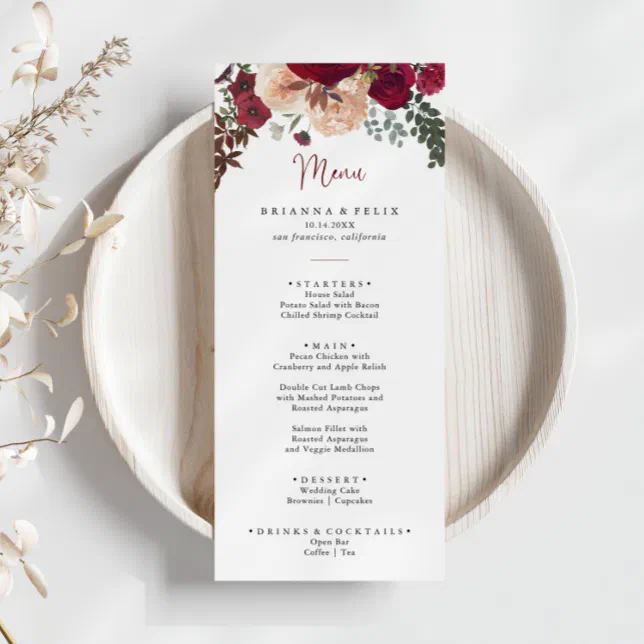Burgundy Pink Blush Floral Dinner Menu | Zazzle
