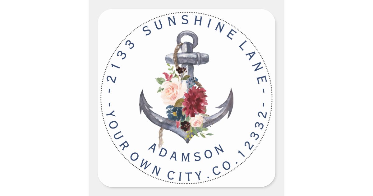 Burgundy Pink Floral Anchor Circular Address Label | Zazzle