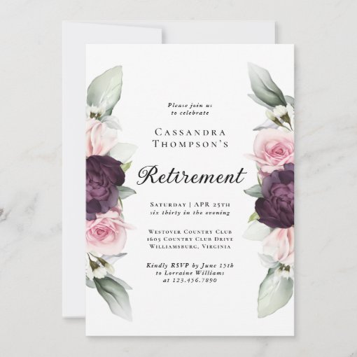 Burgundy Pink Floral Elegant Retirement Party Invitation | Zazzle