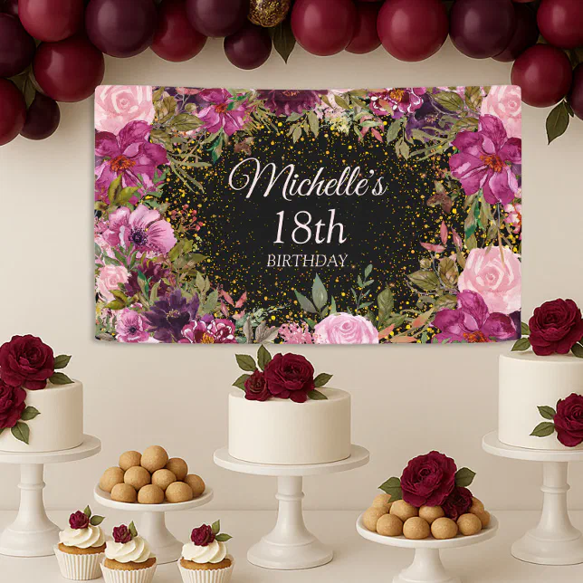 Burgundy Pink Floral Glitter Black 18th Birthday Banner | Zazzle