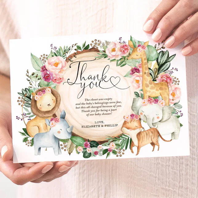 Burgundy Pink Jungle Safari Animals Thank You Card | Zazzle