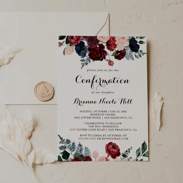 Burgundy Pink Navy Floral Confirmation Invitation | Zazzle