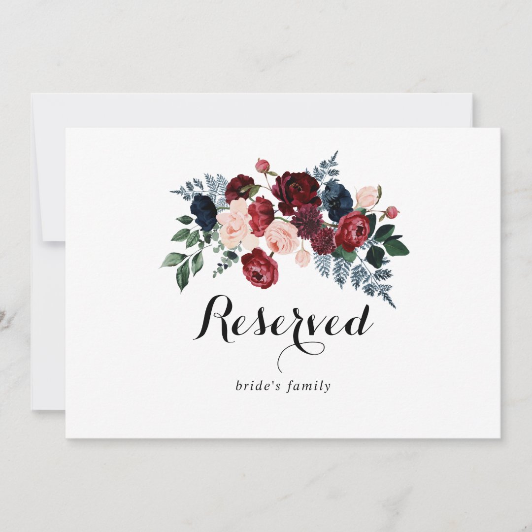 Burgundy Pink Navy Floral Wedding Reserved Sign | Zazzle