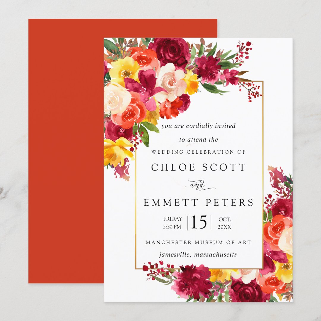 Burgundy Pink Orange Yellow Floral Wedding Invitation | Zazzle
