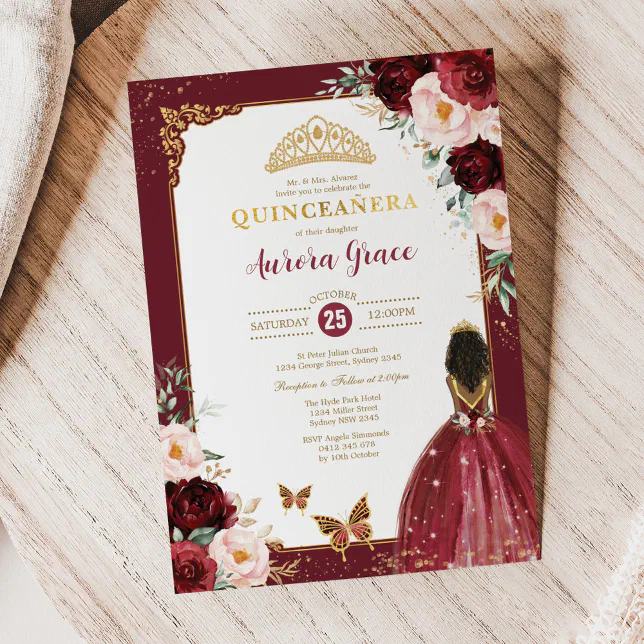 Burgundy Pink Quinceañera Princess Mis Quince Anos Invitation | Zazzle