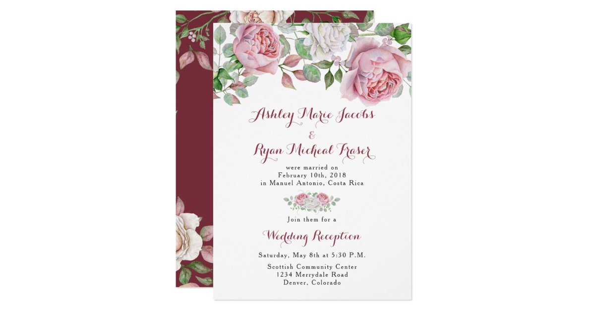 Burgundy Pink Rose Post Wedding Reception Only Invitation | Zazzle.com