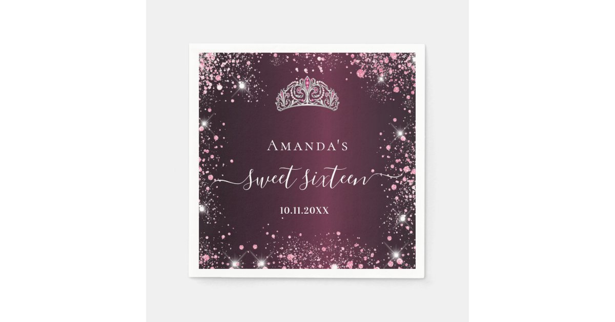 Burgundy pink tiara name script Sweet 16 Napkins | Zazzle