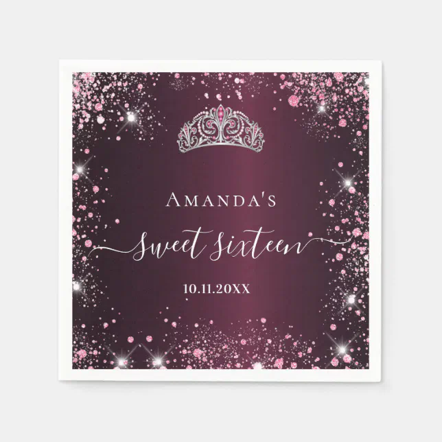 Burgundy pink tiara name script Sweet 16 Napkins | Zazzle
