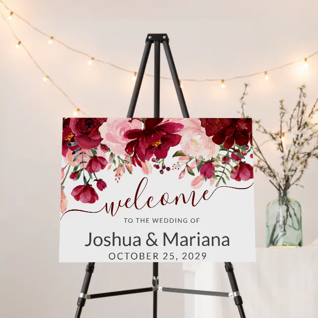 Burgundy Pink Watercolor Floral Wedding Sign | Zazzle