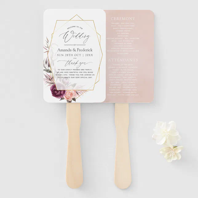 Burgundy Plum and Blush Floral Geometric Wedding Hand Fan | Zazzle