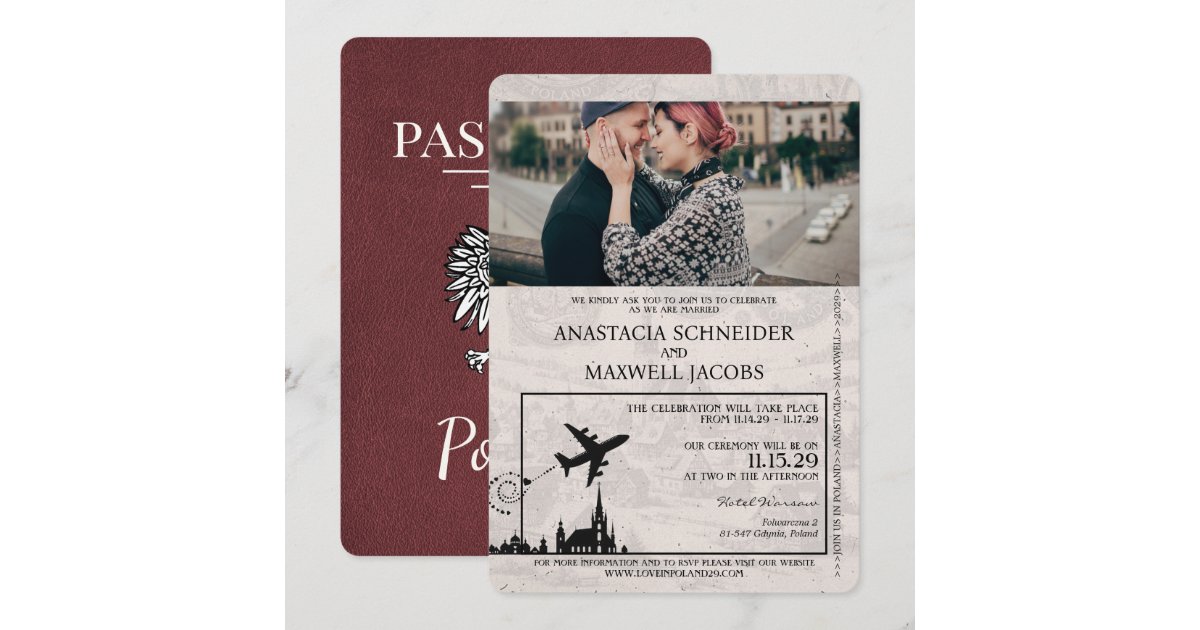 Burgundy Poland Passport Wedding Invitation | Zazzle