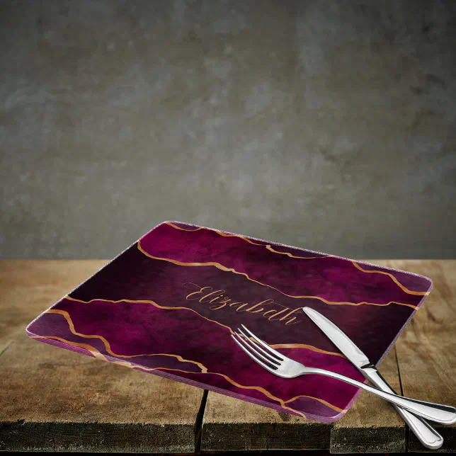 Burgundy purple gold agate marble name cutting board | Zazzle