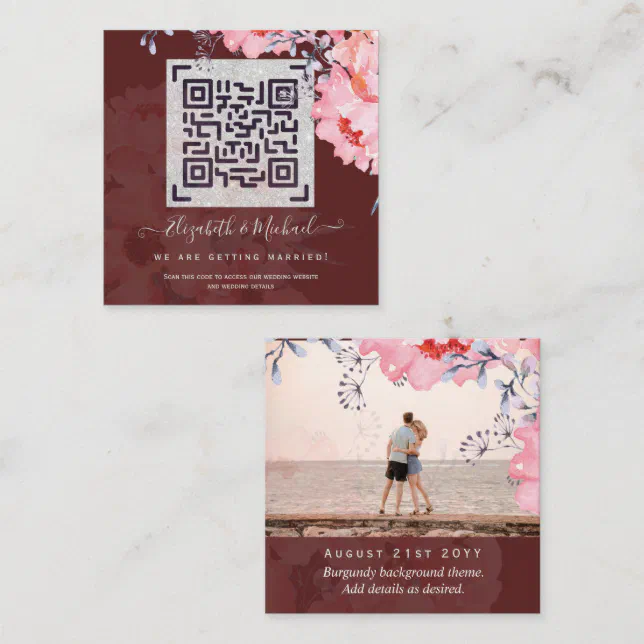 Burgundy QR SCANNING CODE Wedding Website PHOTO Note Card | Zazzle