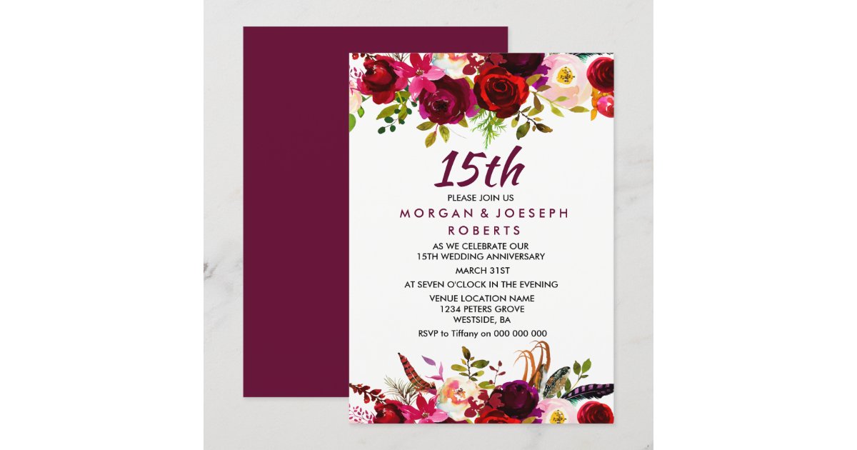 Burgundy Red 15th Wedding Anniversary Invite | Zazzle