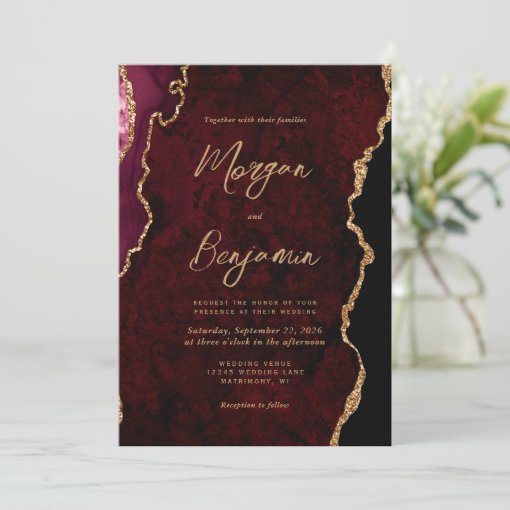 Burgundy Red Agate Script Wedding Invitation | Zazzle