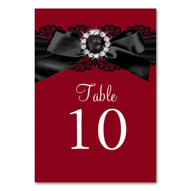 Burgundy Red and Black Pearl Bow Table Number Card | Zazzle