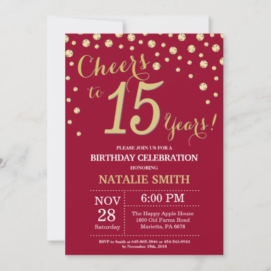 Burgundy Red and Gold 15th Birthday Diamond Invitation | Zazzle.com