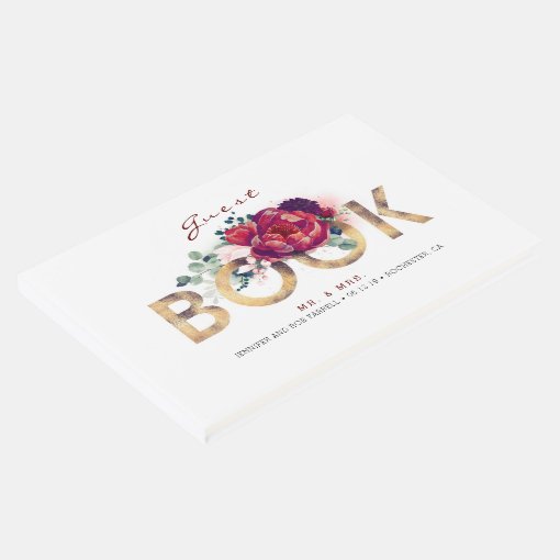 Burgundy Red and Gold Floral Wedding Guest Book | Zazzle