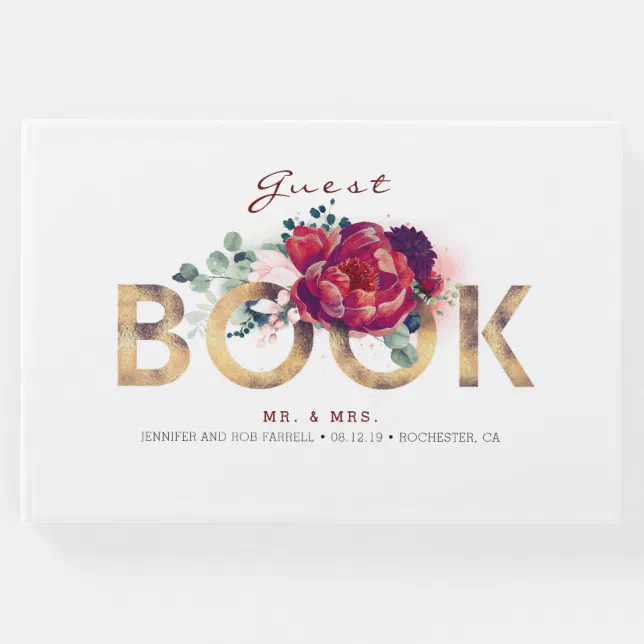 Burgundy Red and Gold Floral Wedding Guest Book | Zazzle