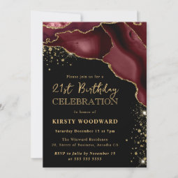 Burgundy Red and Gold Glitter Agate 21st Birthday Invitation | Zazzle