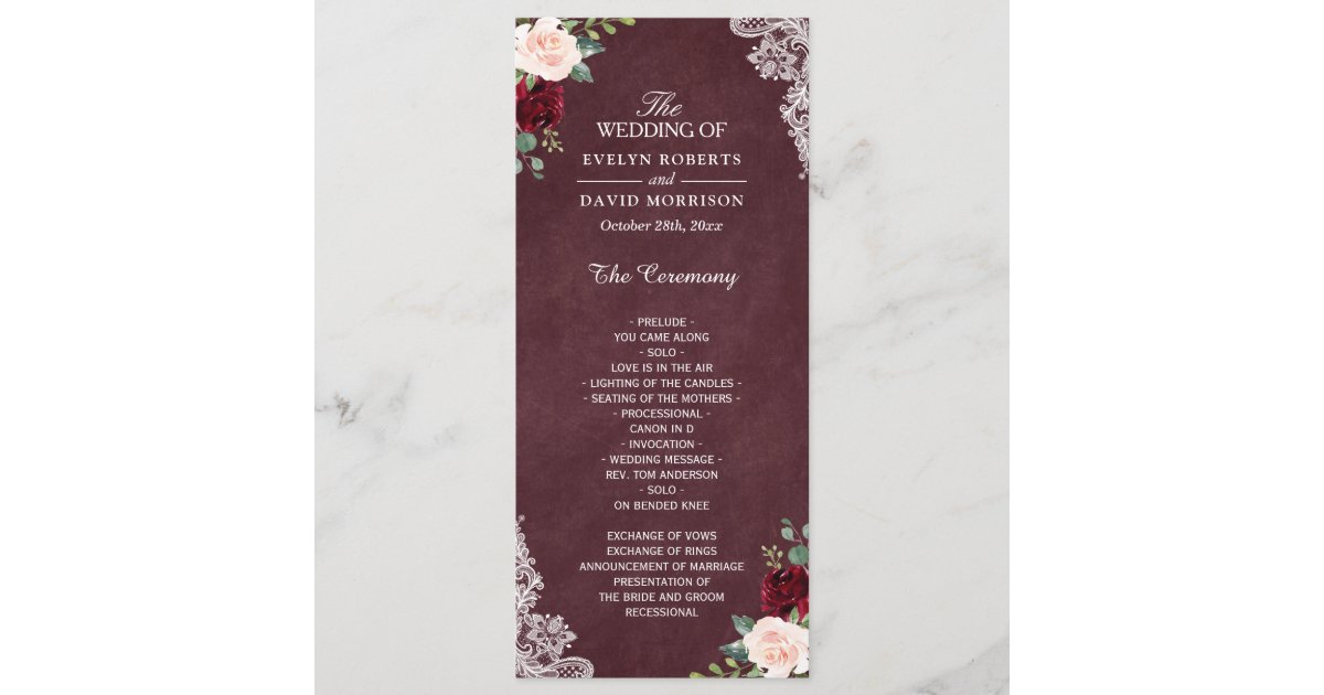 Burgundy Red Blush Floral Lace Wedding Program | Zazzle