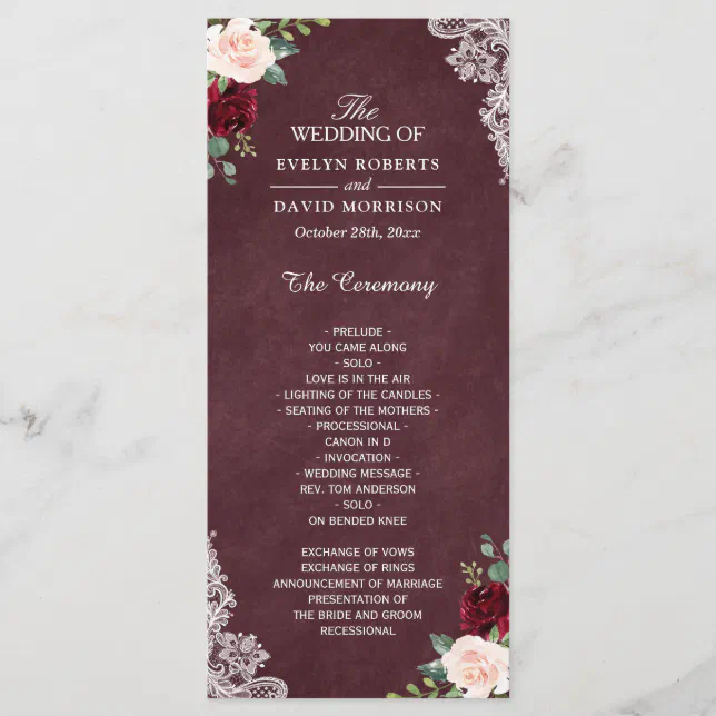 Burgundy Red Blush Floral Lace Wedding Program | Zazzle